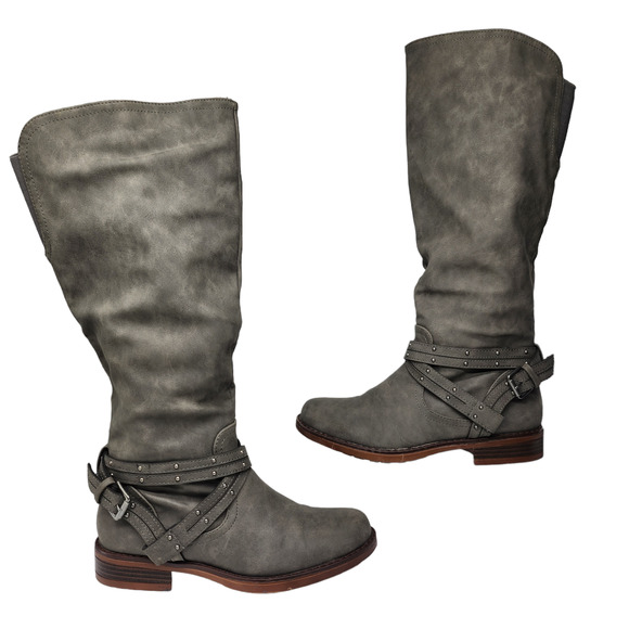 XOXO | Shoes | Xoxo Boots Womens 65 Gray Faux Suede Strappy Studded ...